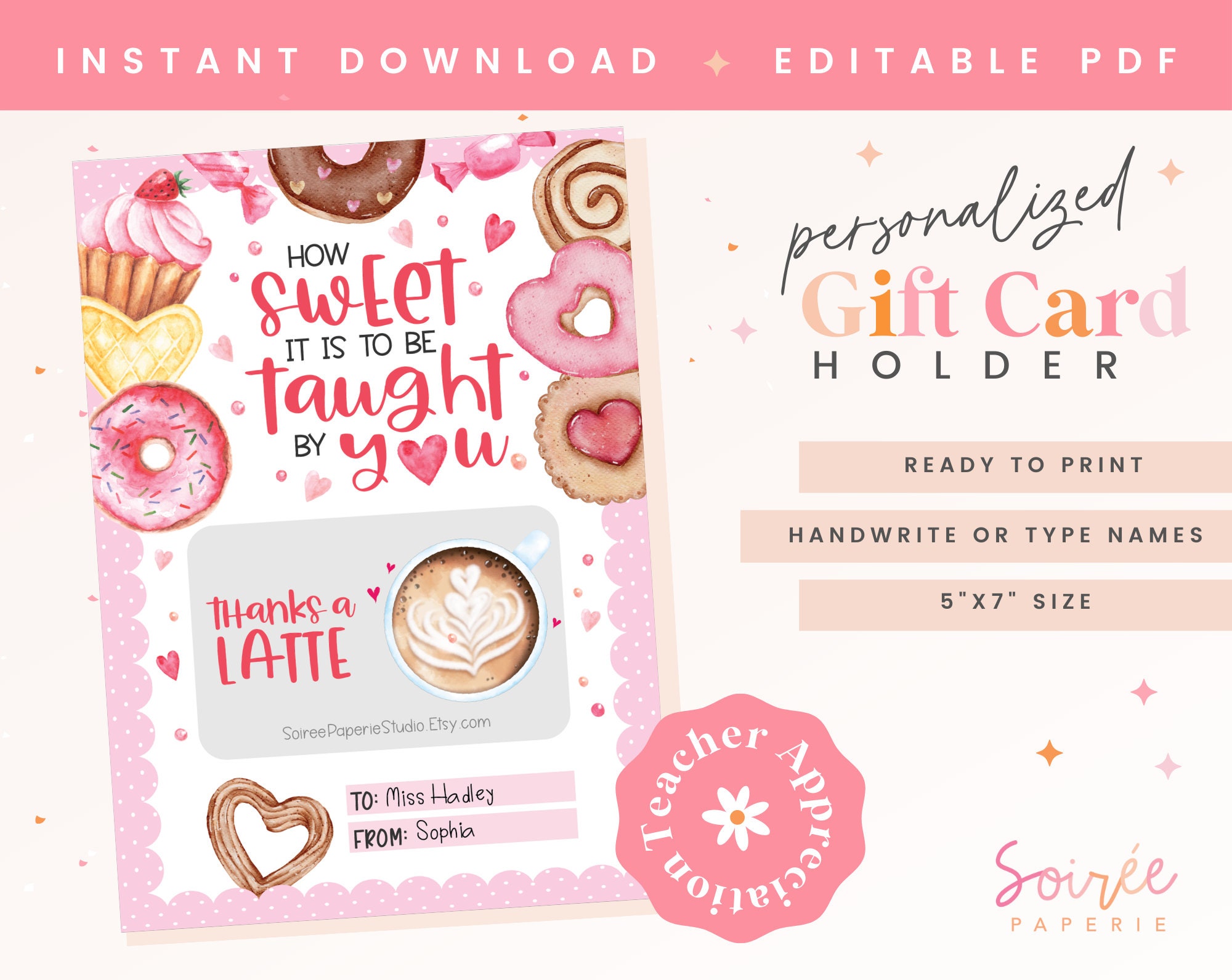 Printable Teacher Gift Card Holder, Teacher Appreciation, Personalized ...