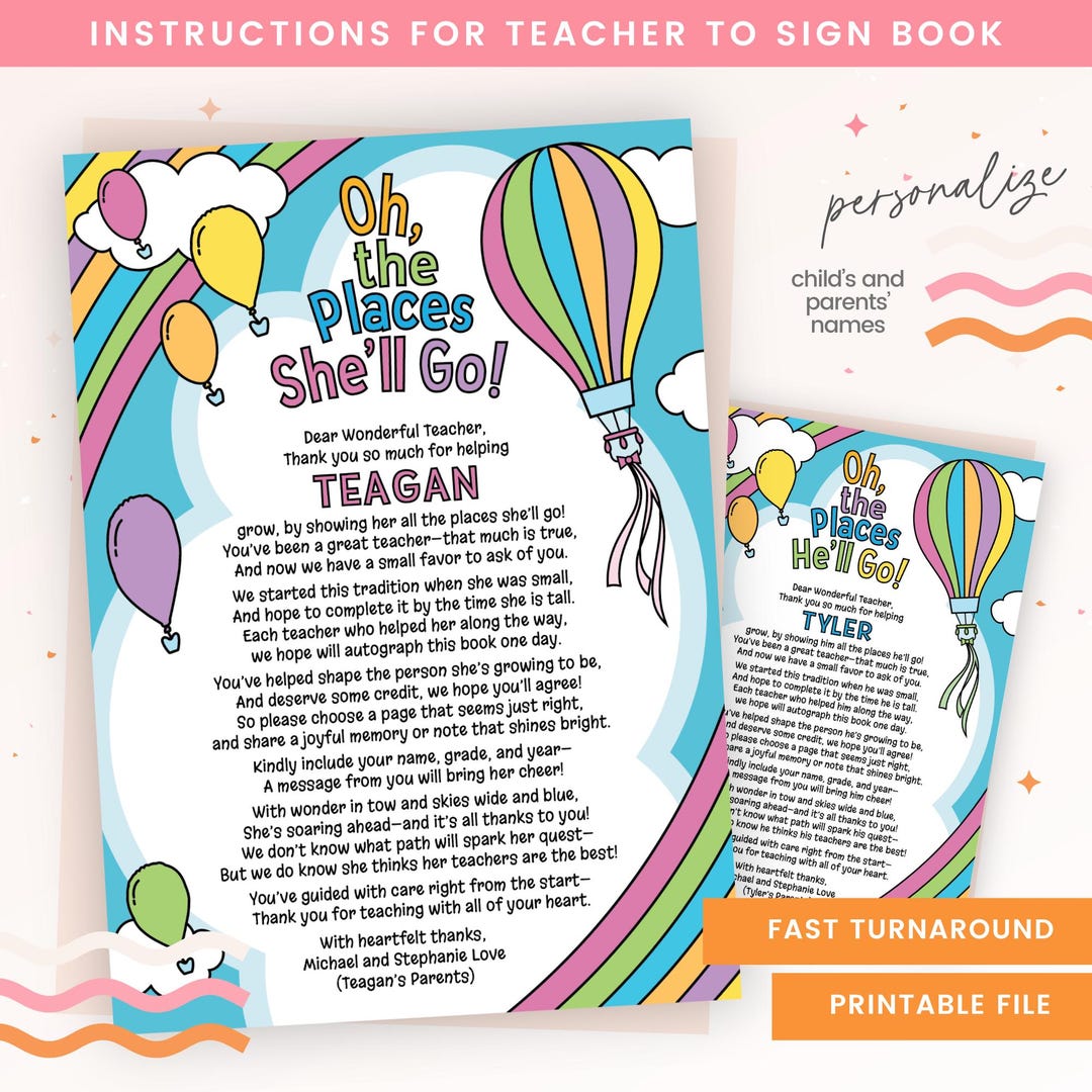Oh the Places You’ll Go Teacher Note | Printable Instruction Card for ...