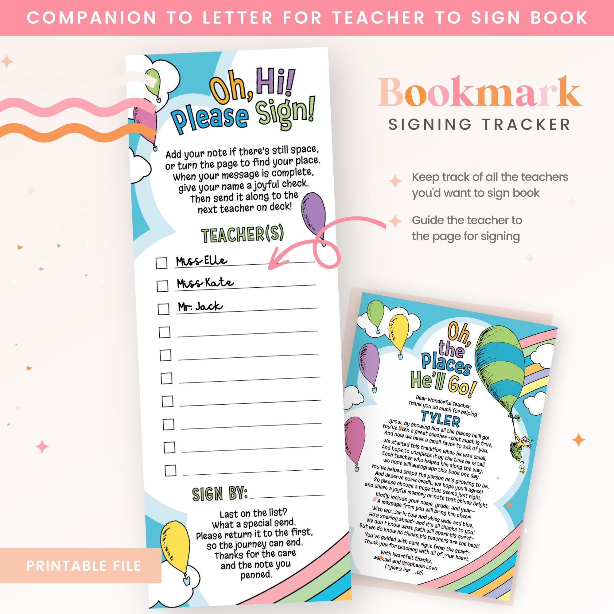 Printable Teacher Sign Page Bookmark | Oh the Places You’ll Go Memory ...