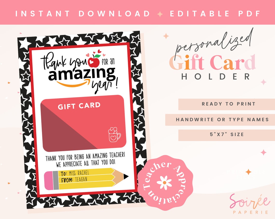 Printable Teacher Gift Card Holder, Teacher Appreciation, Personalized ...
