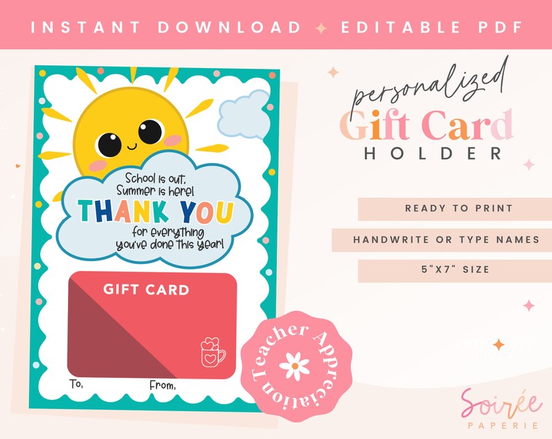 Printable Teacher Gift Card Holder, Teacher Appreciation, Personalized ...