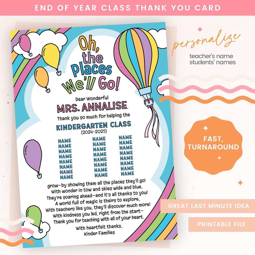 Personalized Teacher Thank You Card – End of Year Class Gift (digital ...