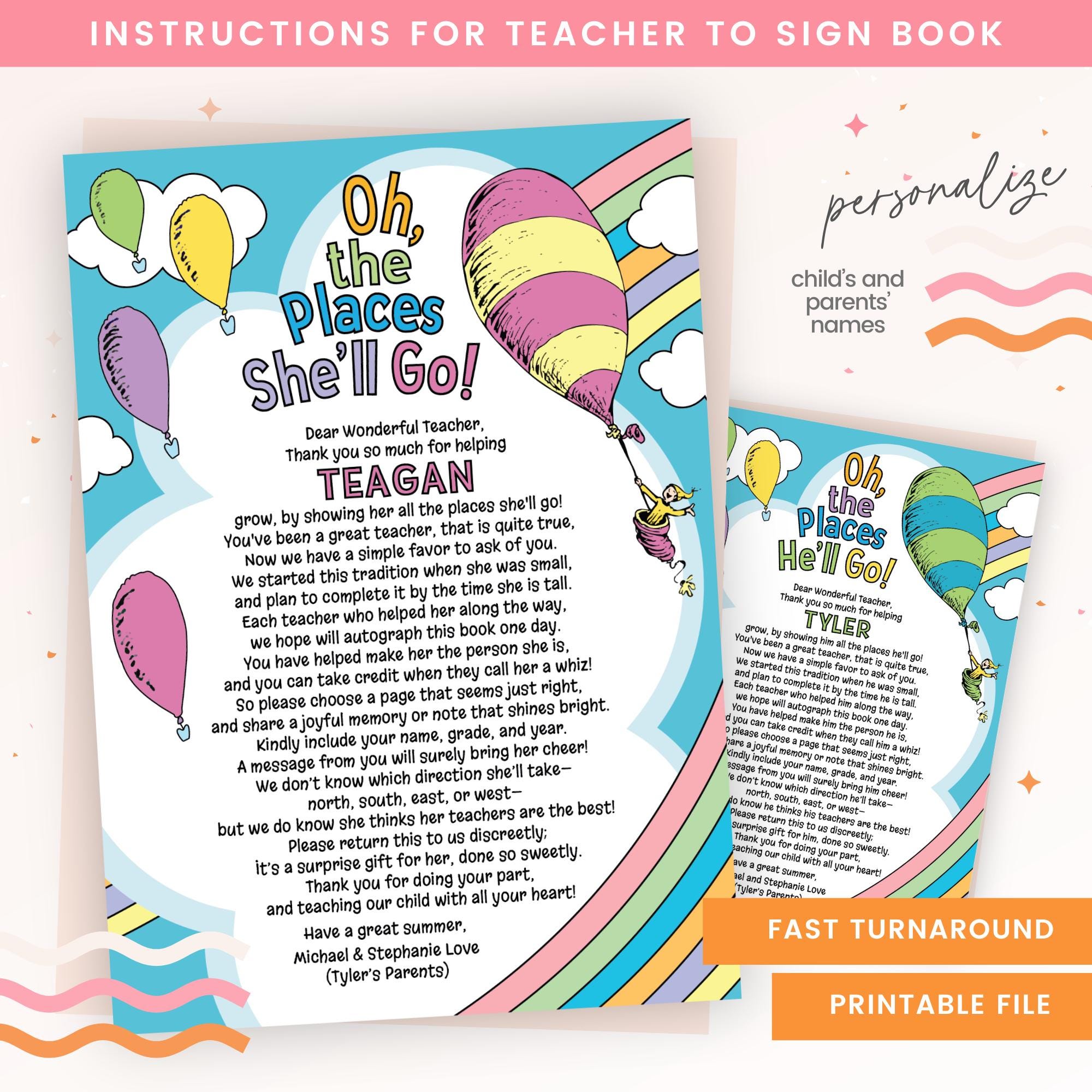 Oh the Places You'll Go Teacher Letter | Printable Memory Book ...