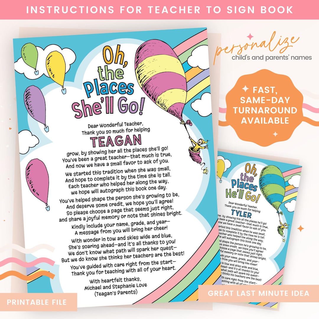 Oh the Places You'll Go Teacher Letter | Instruction Card for Teachers ...