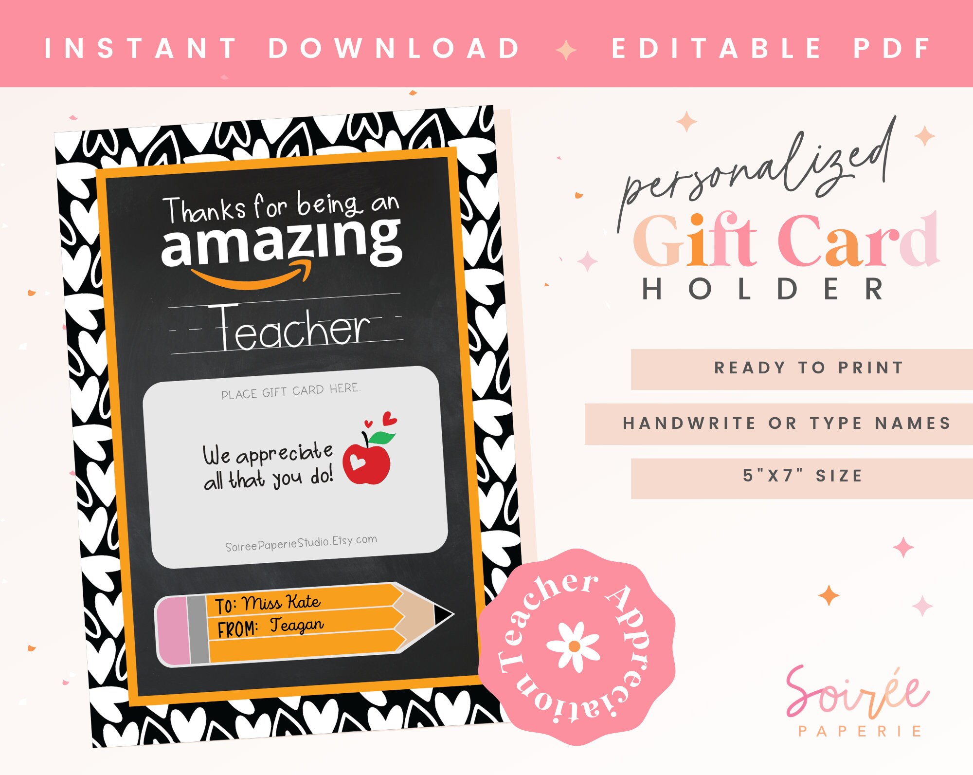 Printable Teacher Gift Card Holder, Teacher Appreciation, Personalize ...