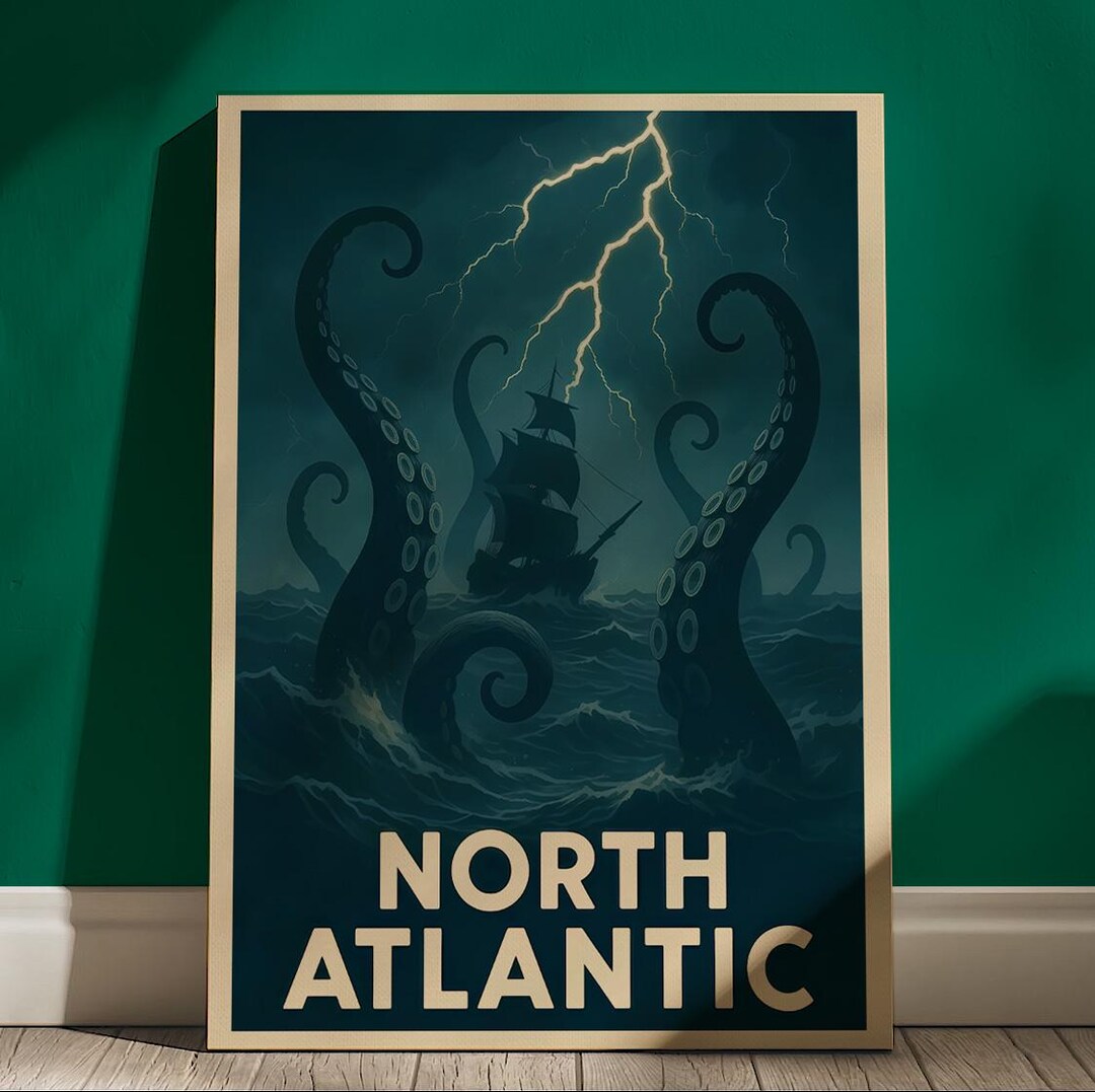Kraken Travel Poster, North Atlantic Ocean, Art Poster Print, Cthulhu ...
