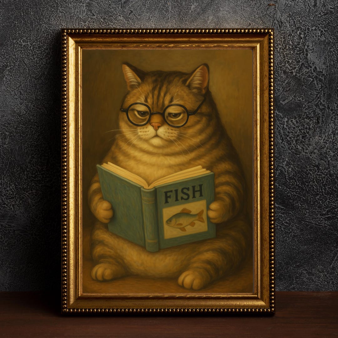 Fat Cat Reading Book, Vintage Poster, Art Poster Print, Home Decor ...
