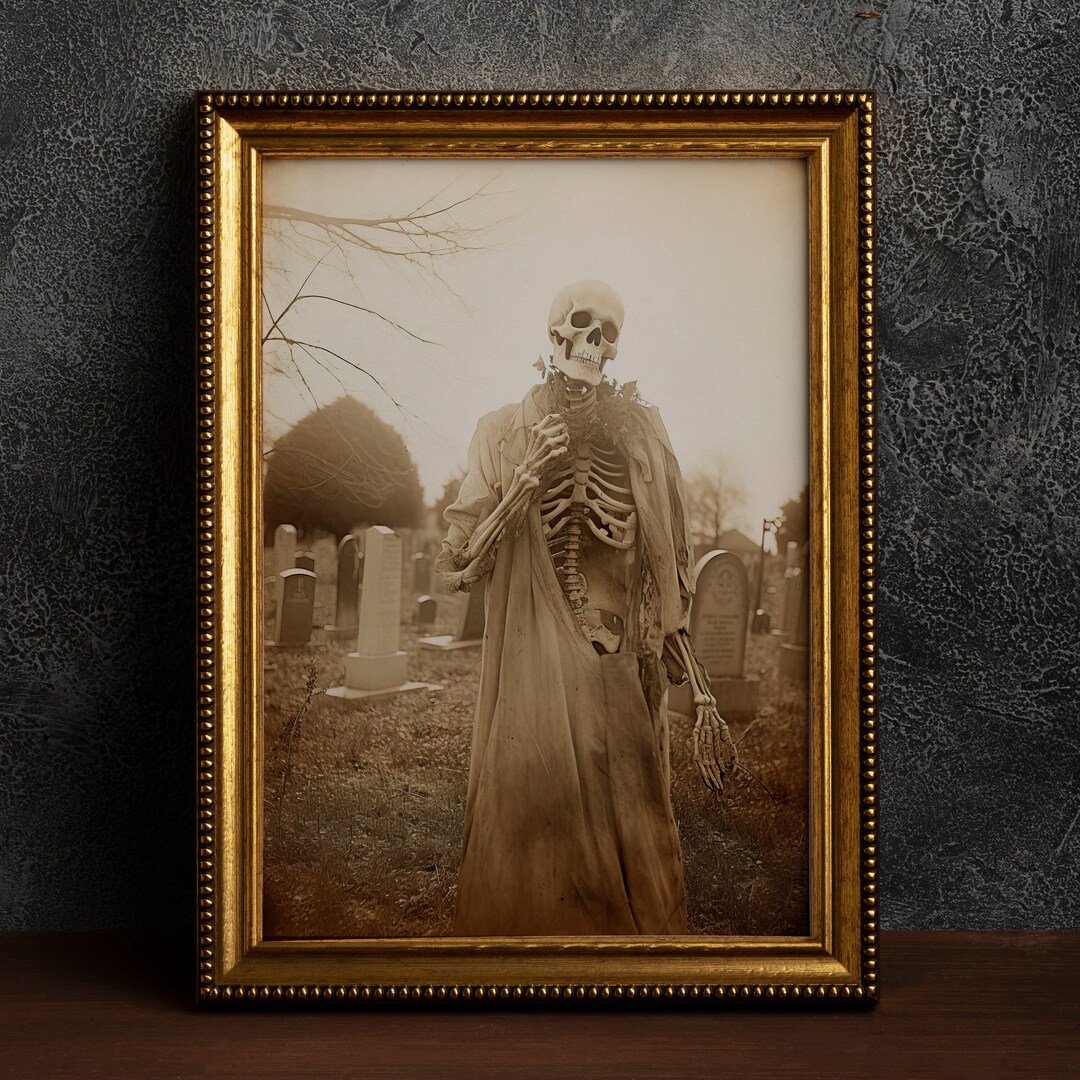 Skeleton in Graveyard, Vintage Photography, Art Poster Print, Dark ...