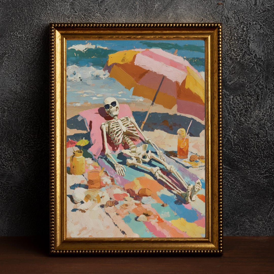 Skeleton Sunbathing at Beach, Summerween Wall Art, Whimsigoth Print ...