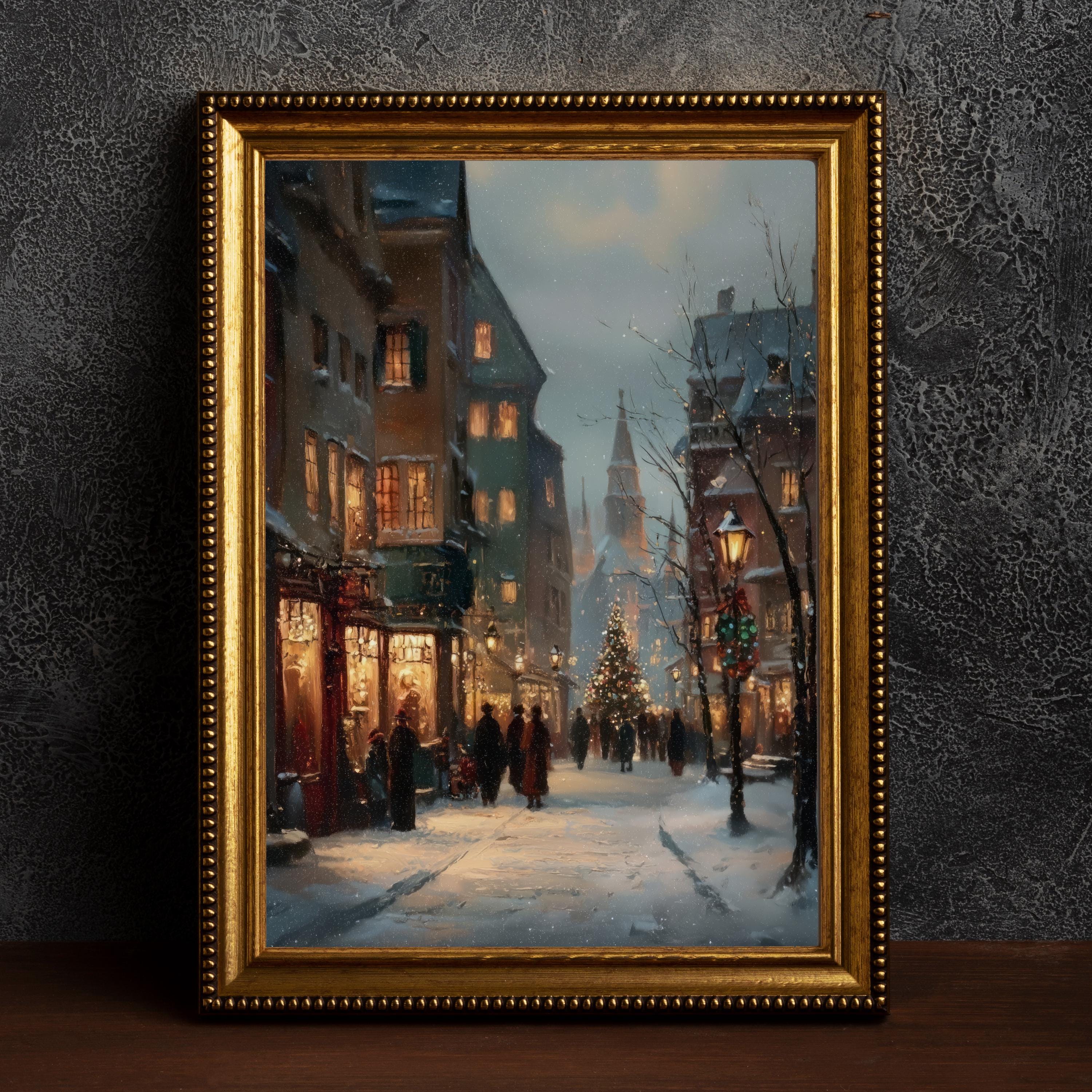 Vintage Christmas Village Print, Antique Holiday Painting, Rustic ...