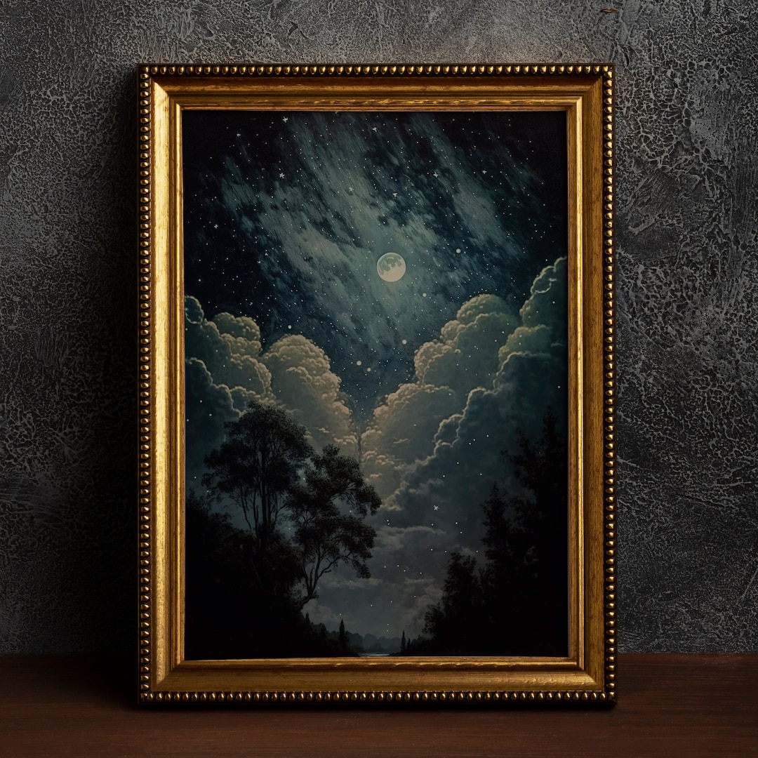 Moonlit Night Star Gazing, Vintage Poster, Art Poster Print, Dark ...