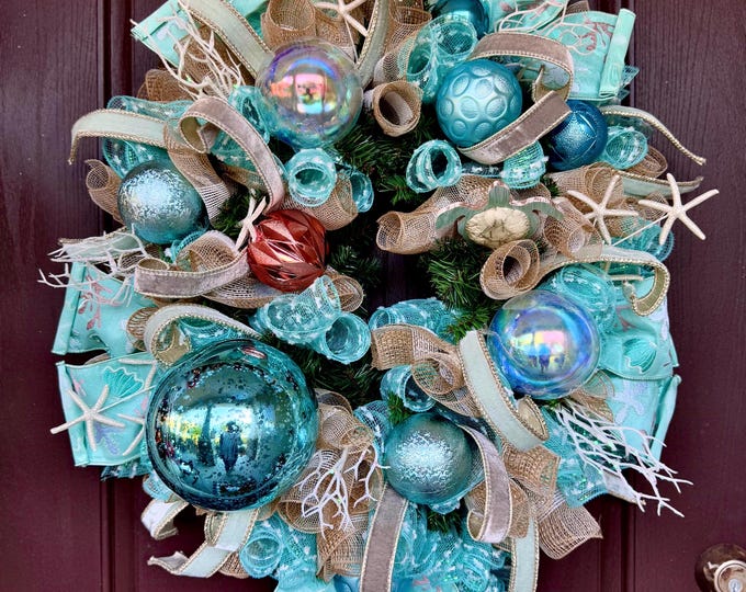 Coastal Glam Every Day Wreath, Aqua Wreath, Starfish Wreath, Ocean ...