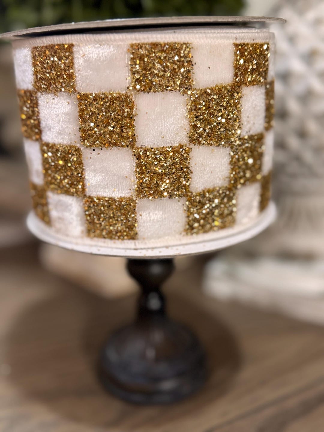 Farrisilk Chunky Checks Luxury Cream & Gold 4” X 5 Yard Ribbon, Ivory ...