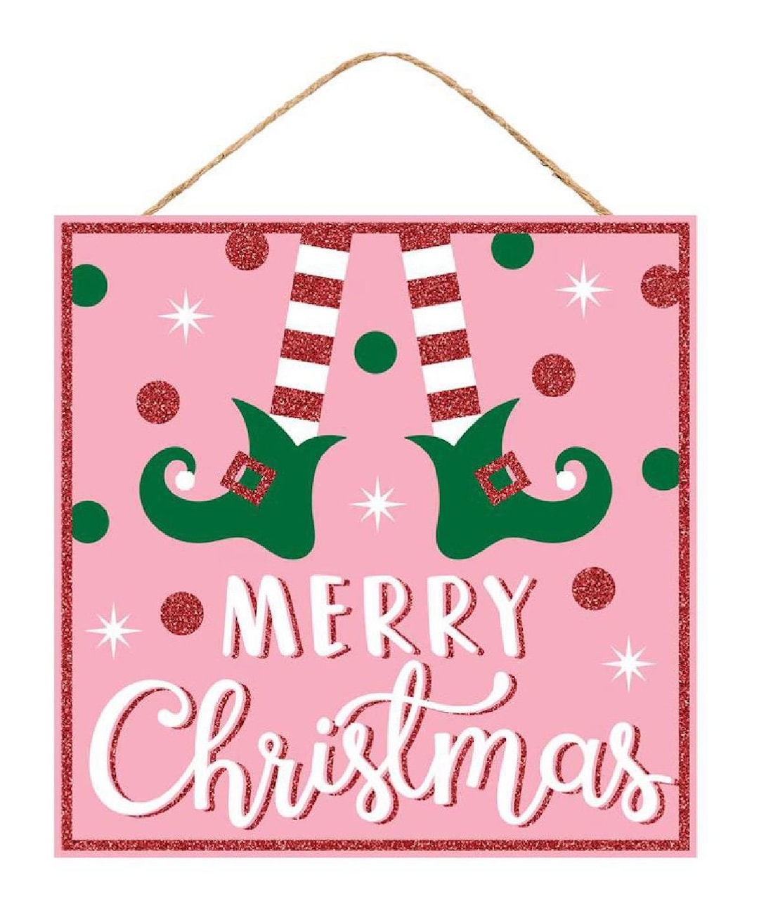 Merry Christmas Elf Glitter Sign – 10” Square Holiday Wall or Mantel ...