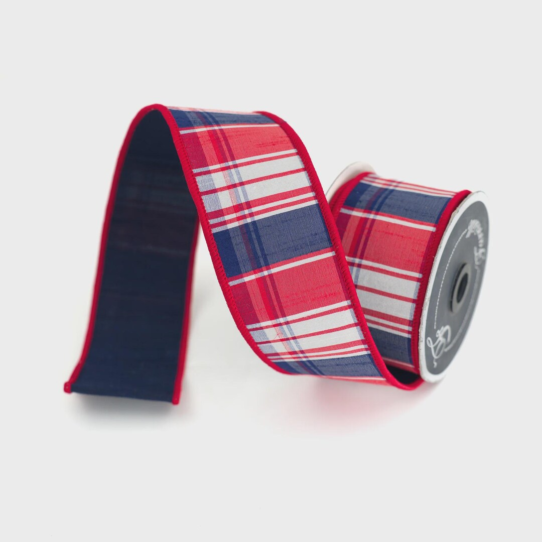 Farrisilk 2.5" X 10 Yards Red White Blue Plaid Wired Ribbon – Patriotic ...