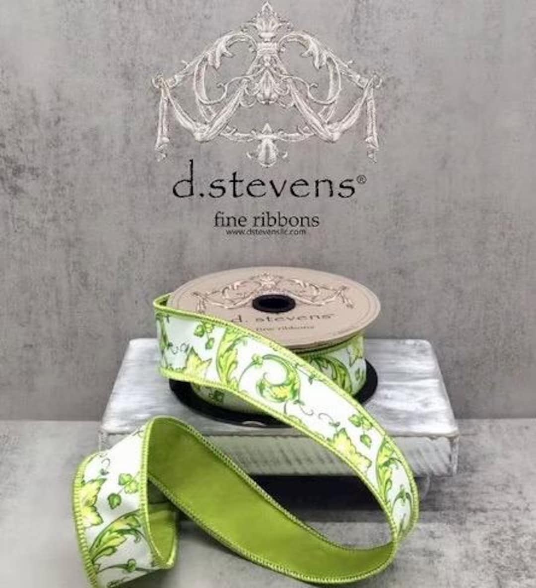 D. Stevens 1.5” Ribbon Green White Yellow Taffeta Acanthus Scroll ...