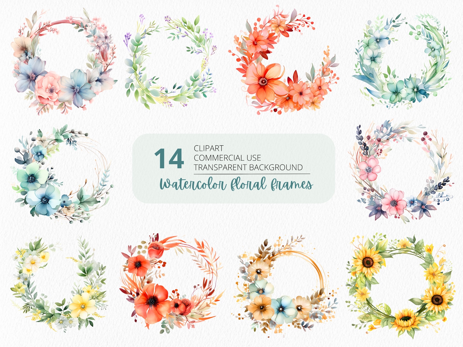 Watercolor Floral Frames Clipart, 14 PNG Files, Commercial Use, Digital ...