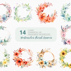 Watercolor Floral Frames Clipart, 14 PNG Files, Commercial Use, Digital ...