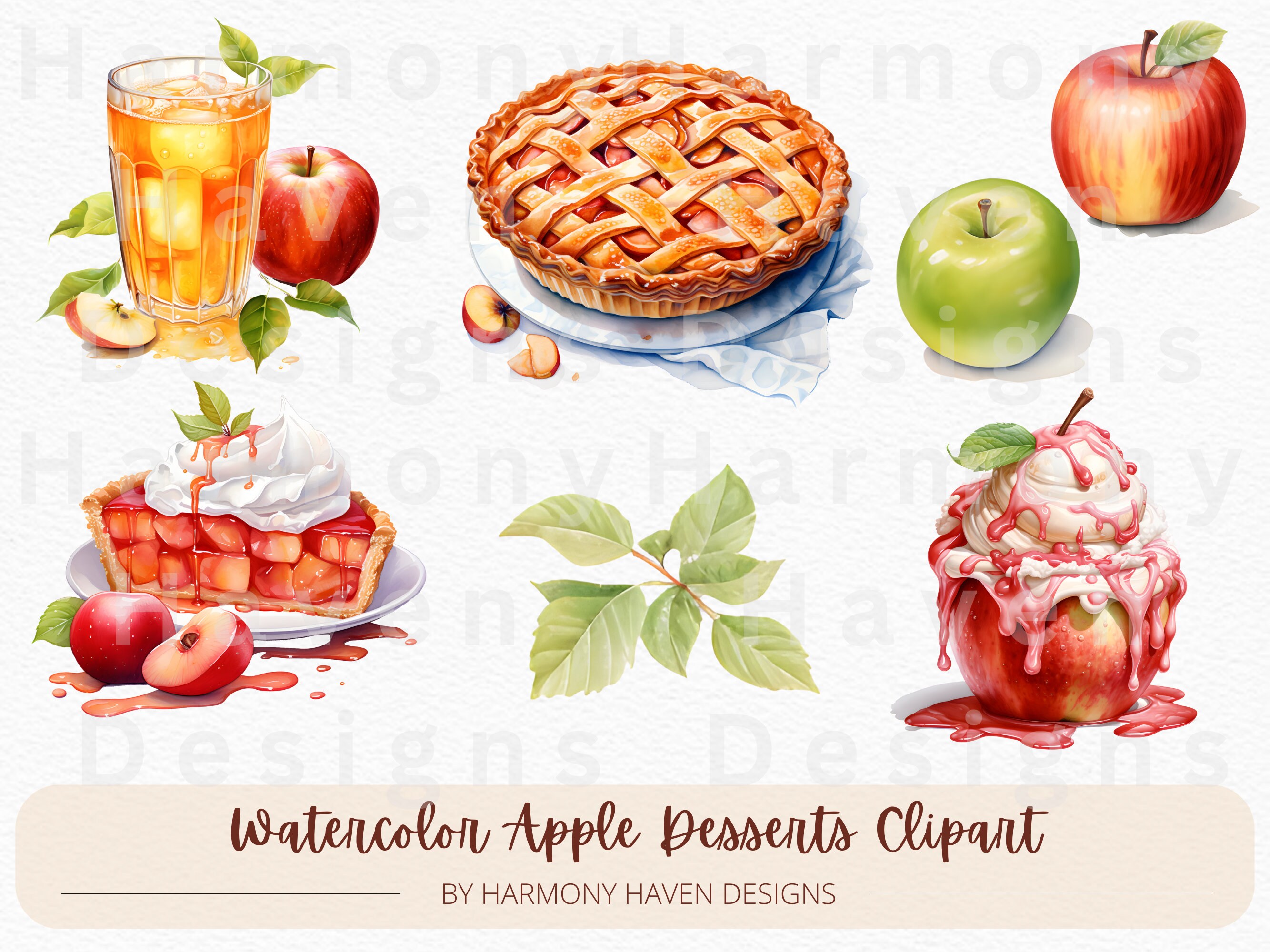 Watercolor Apple Desserts Clipart, 13 PNG Files,commercial Use,digital ...