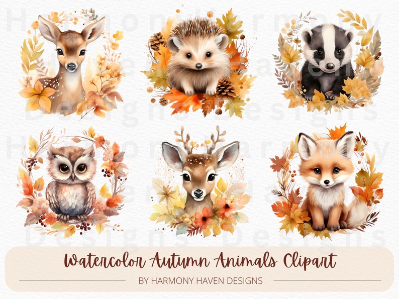Watercolor Autumn Animals Clipart, 12 PNG Files,commercial Use,digital ...