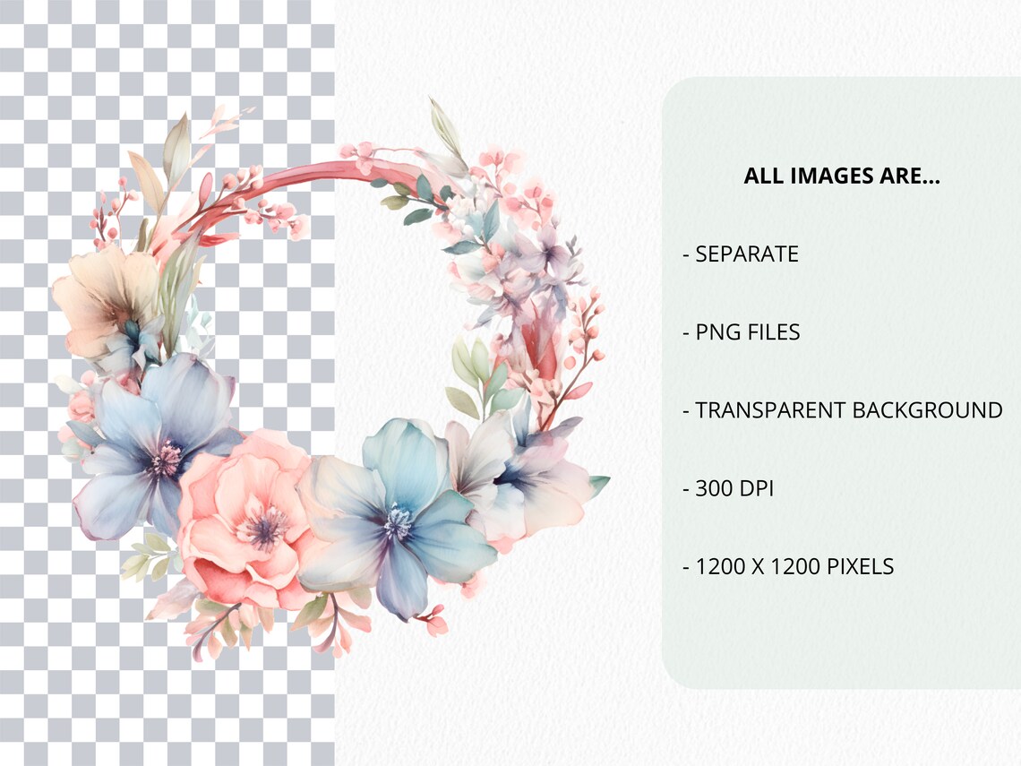 Watercolor Floral Frames Clipart, 14 PNG Files, Commercial Use, Digital ...