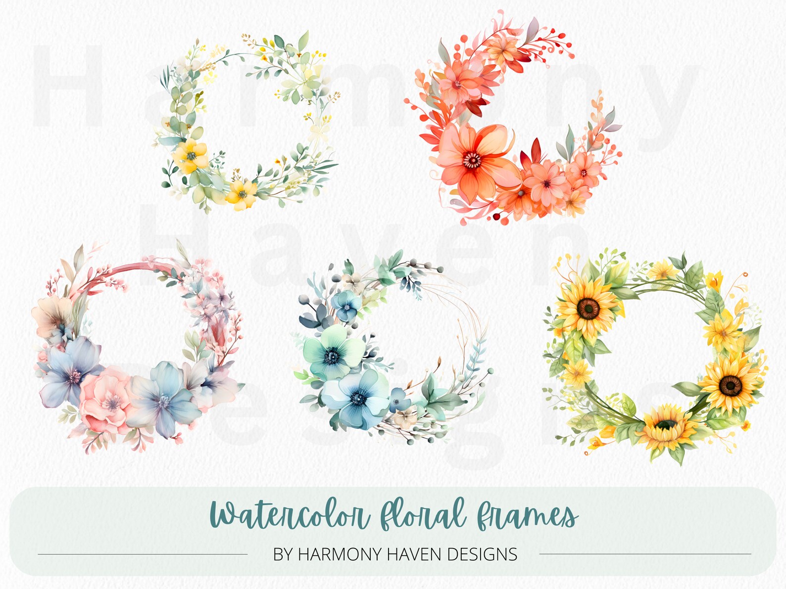 Watercolor Floral Frames Clipart, 14 PNG Files, Commercial Use, Digital ...