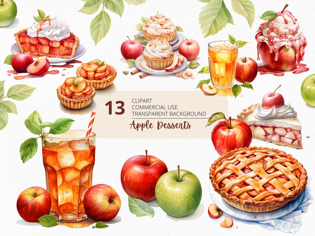 Watercolor Apple Desserts Clipart, 13 PNG Files,commercial Use,digital ...