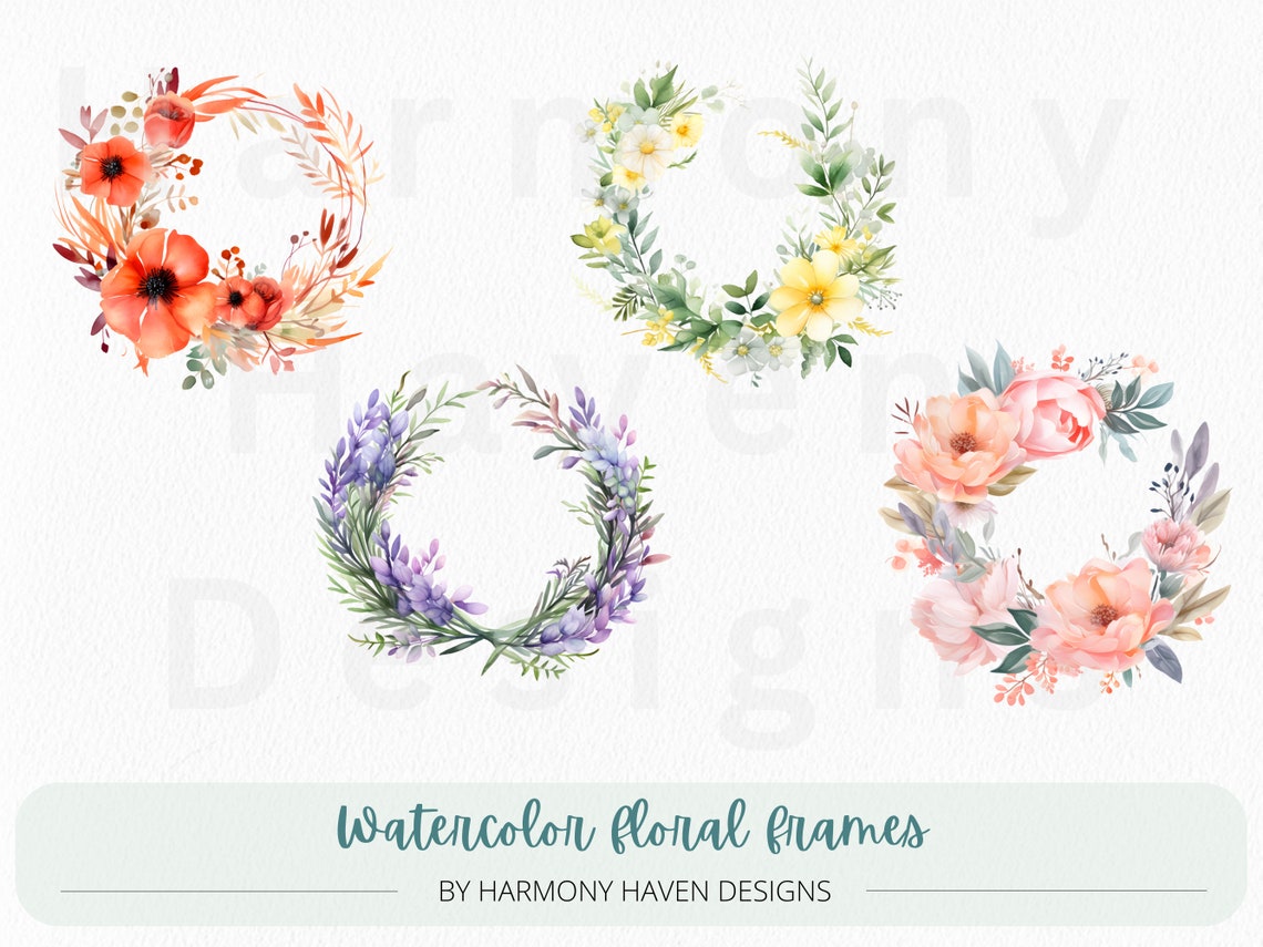 Watercolor Floral Frames Clipart, 14 PNG Files, Commercial Use, Digital ...