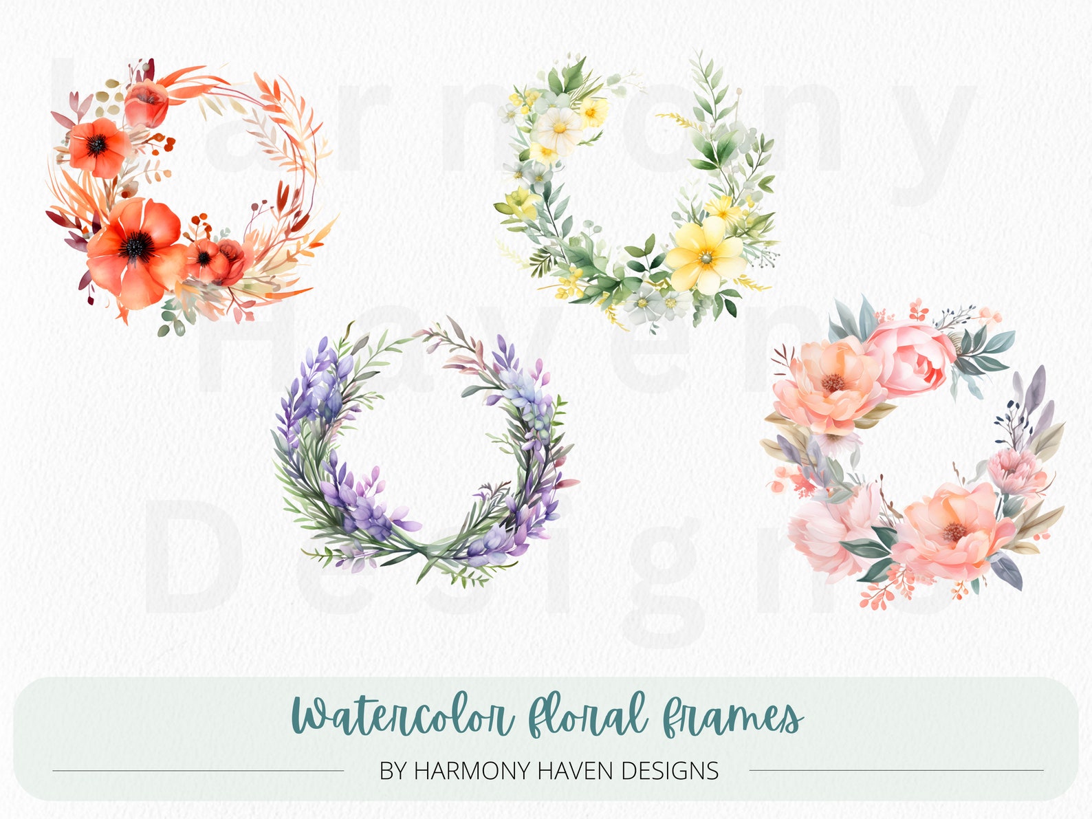 Watercolor Floral Frames Clipart, 14 PNG Files, Commercial Use, Digital ...