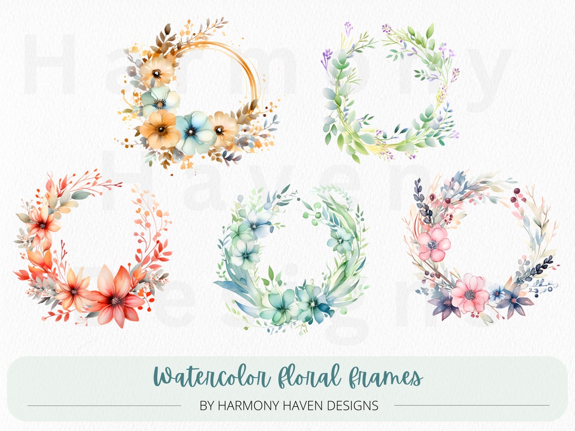 Watercolor Floral Frames Clipart, 14 PNG Files, Commercial Use, Digital ...