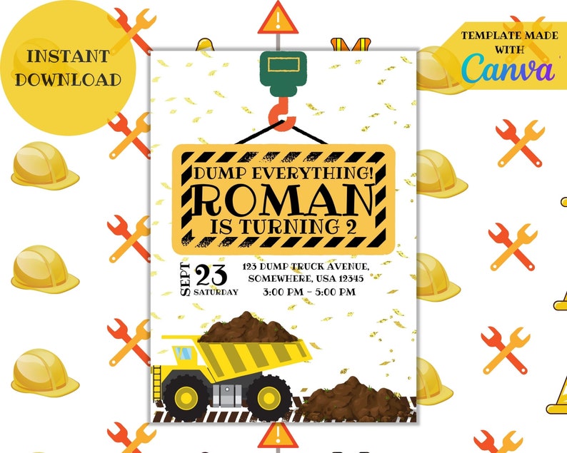 Construction Birthday Invitation Dump Truck Invite Editable Etsy