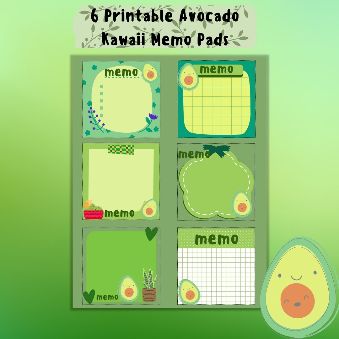 Green Avocado Kawaii Printable Memo Pads, Digital Download Memo Pads ...