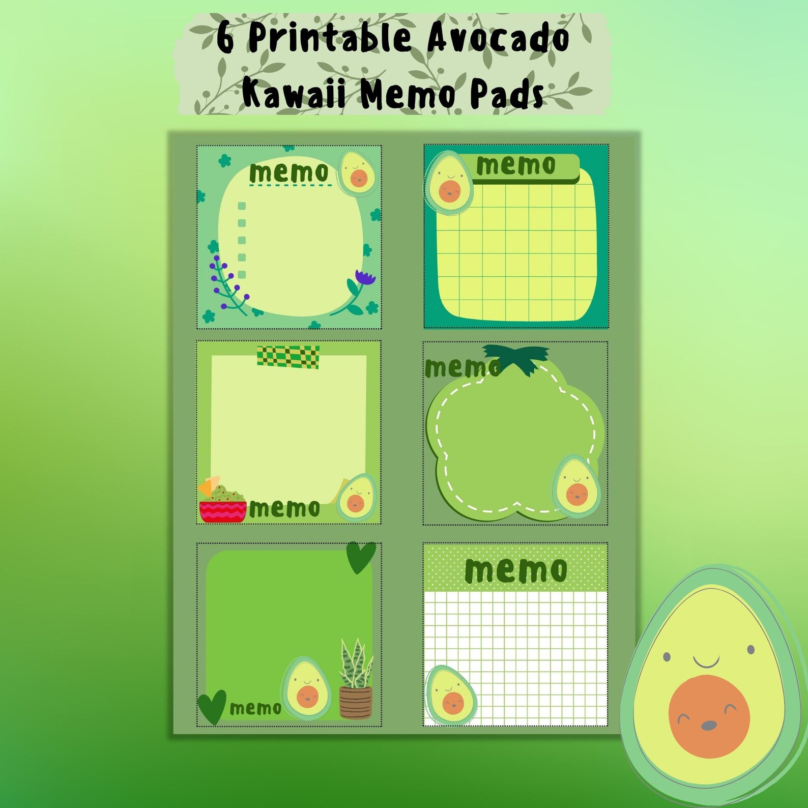 Green Avocado Kawaii Printable Memo Pads, Digital Download Memo Pads ...