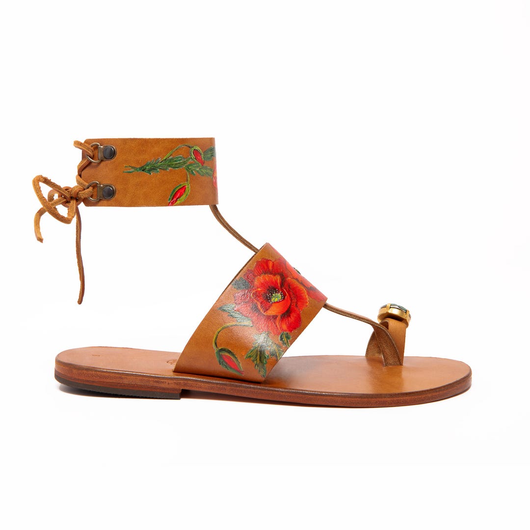Hand Painted Leather Sandals, Poppy Design, Emerald Swarovski Crystal ...