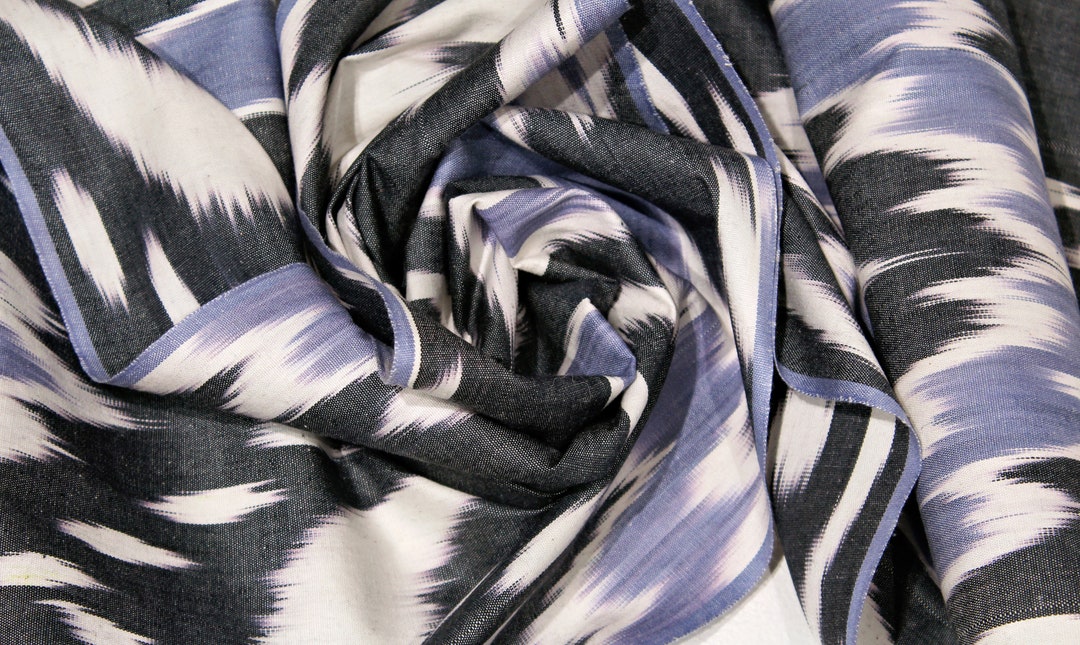 Blue and Black Cotton Ikat Fabric - Natural Ikat Pure Cotton Fabric, Ikat Style Material, Uzbek ...