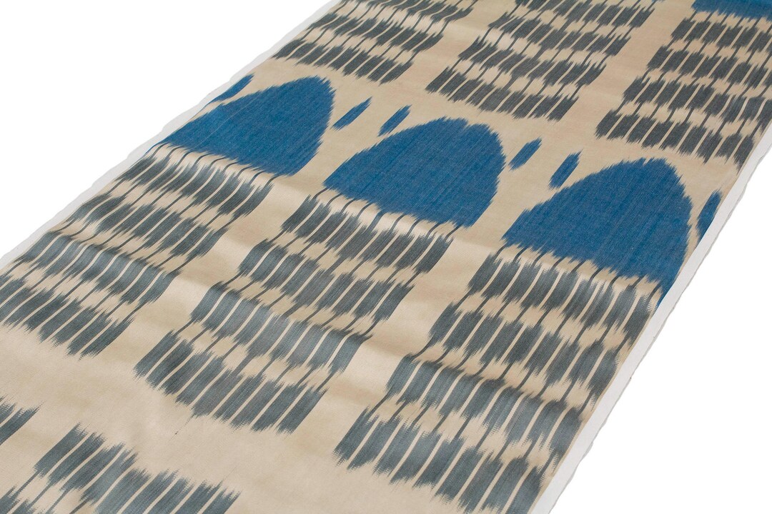 Blue and Beige Silk Ikat Fabric - Traditional Ikat Fabric Upholstery ...