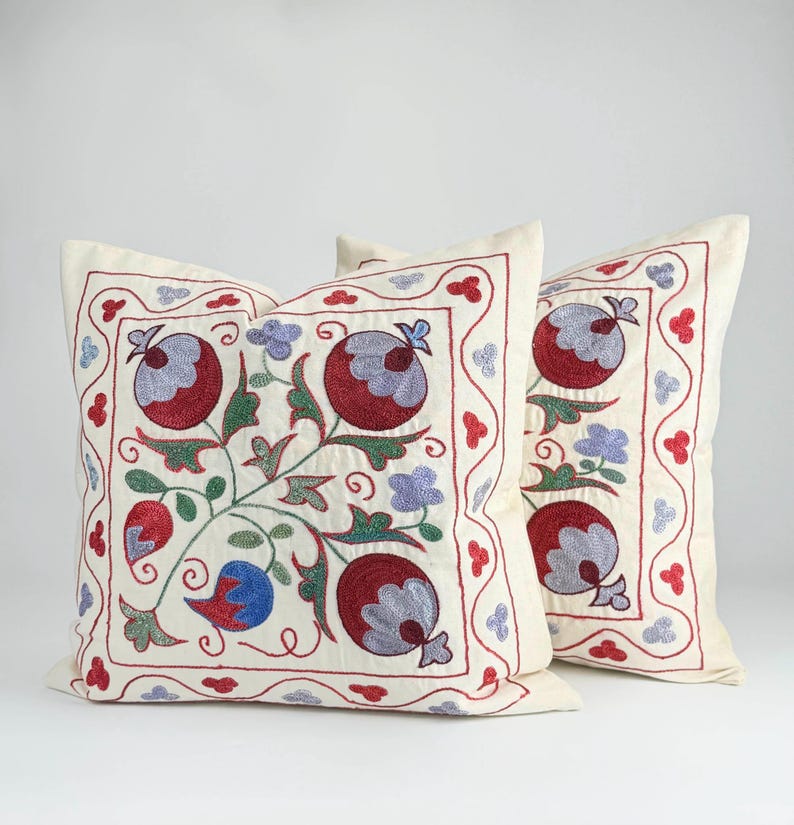 Red and Blue Uzbek Suzani Embroidery Cushion and Pillow Cover ...