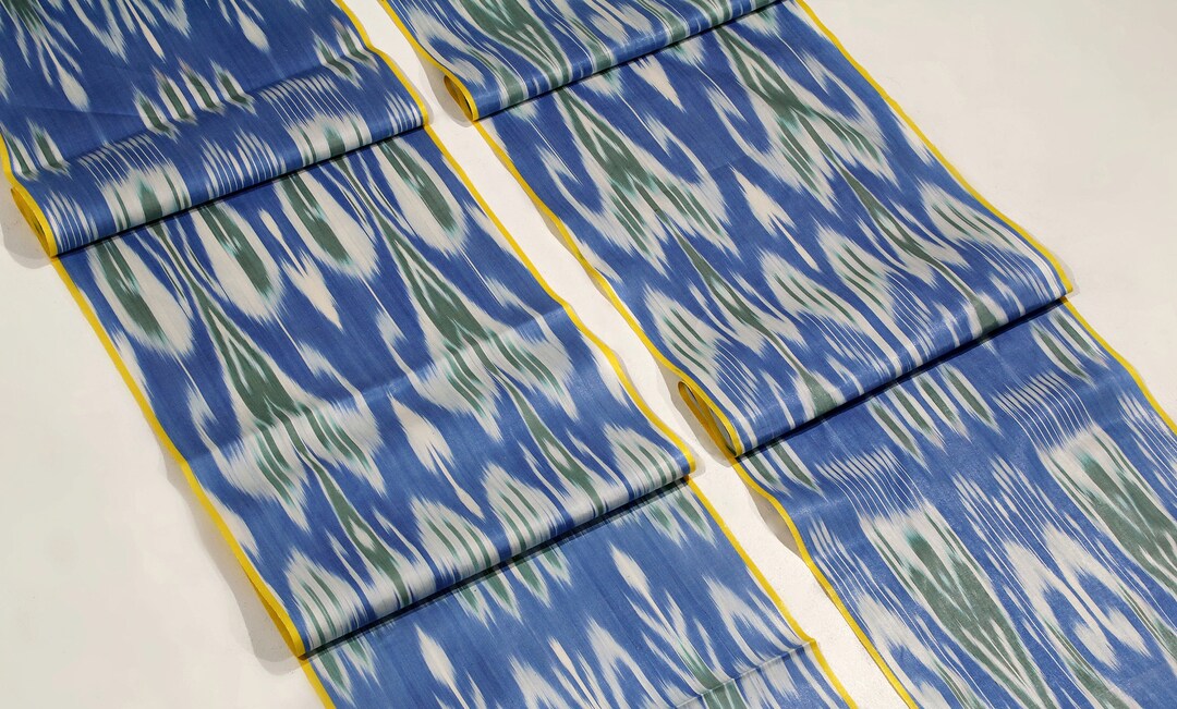 Blue and Green Cotton Ikat Fabric - Modern Ikat Material, Uzbekistan ...
