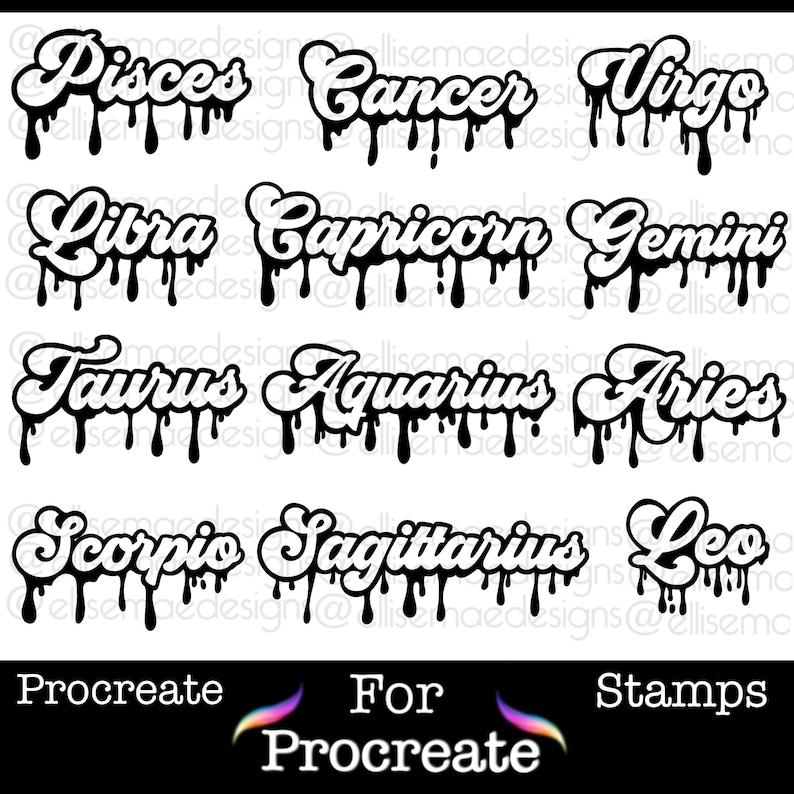 Dripping Zodiac Procreate Stamps: Goth Tattoo Lettering Brush Set ...