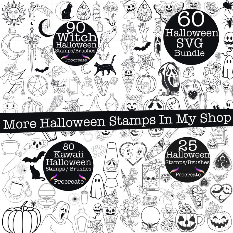 Halloween Cat Doodle Procreate Stamps: Kawaii Spooky Kitten Line Art - Etsy