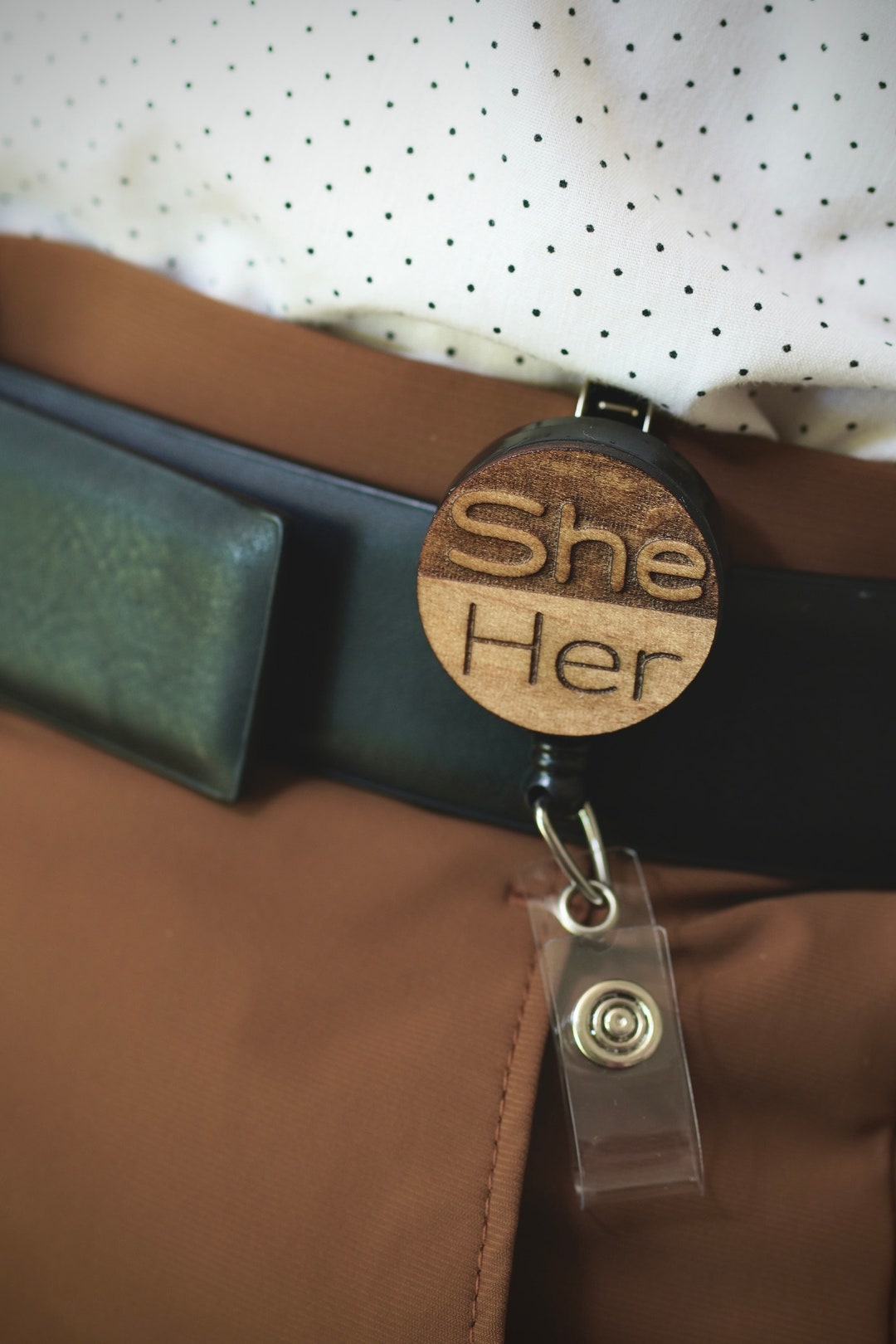 She/her Pronoun Badge Reel | Pronoun Badge Reel| She Her Wooden Badge ...