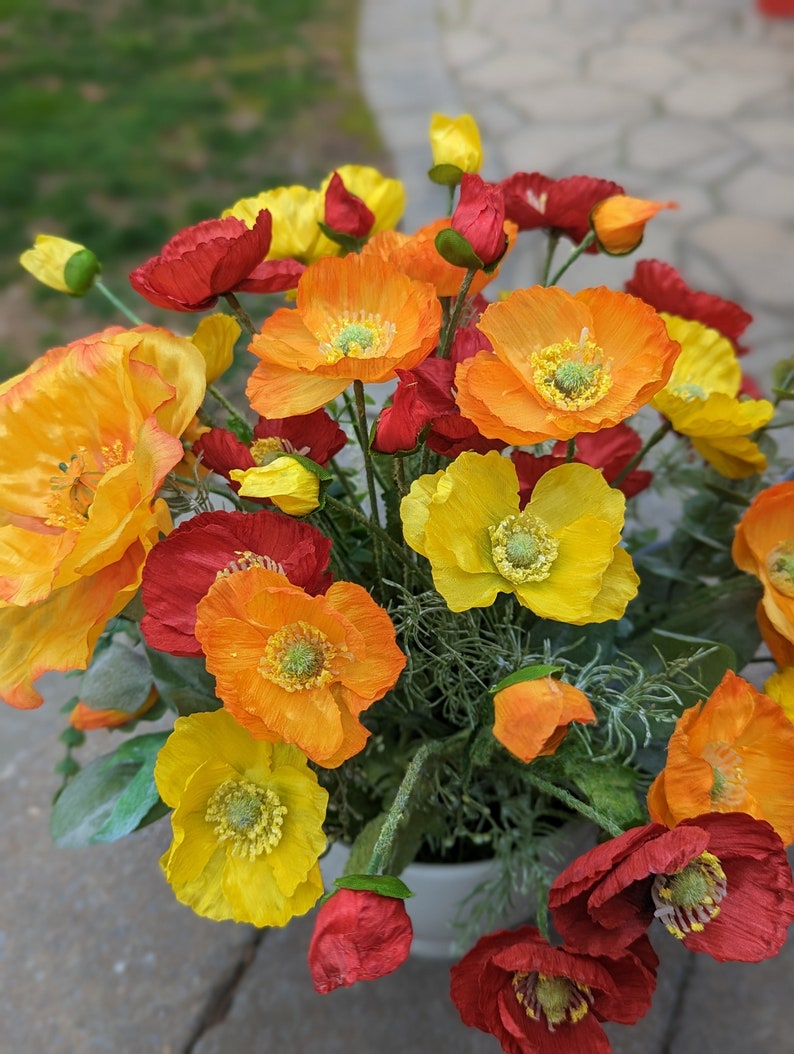 Poppy Silk Arrangement in Pot 16", Orange Red Poppy Stems, Lush Poppies ...