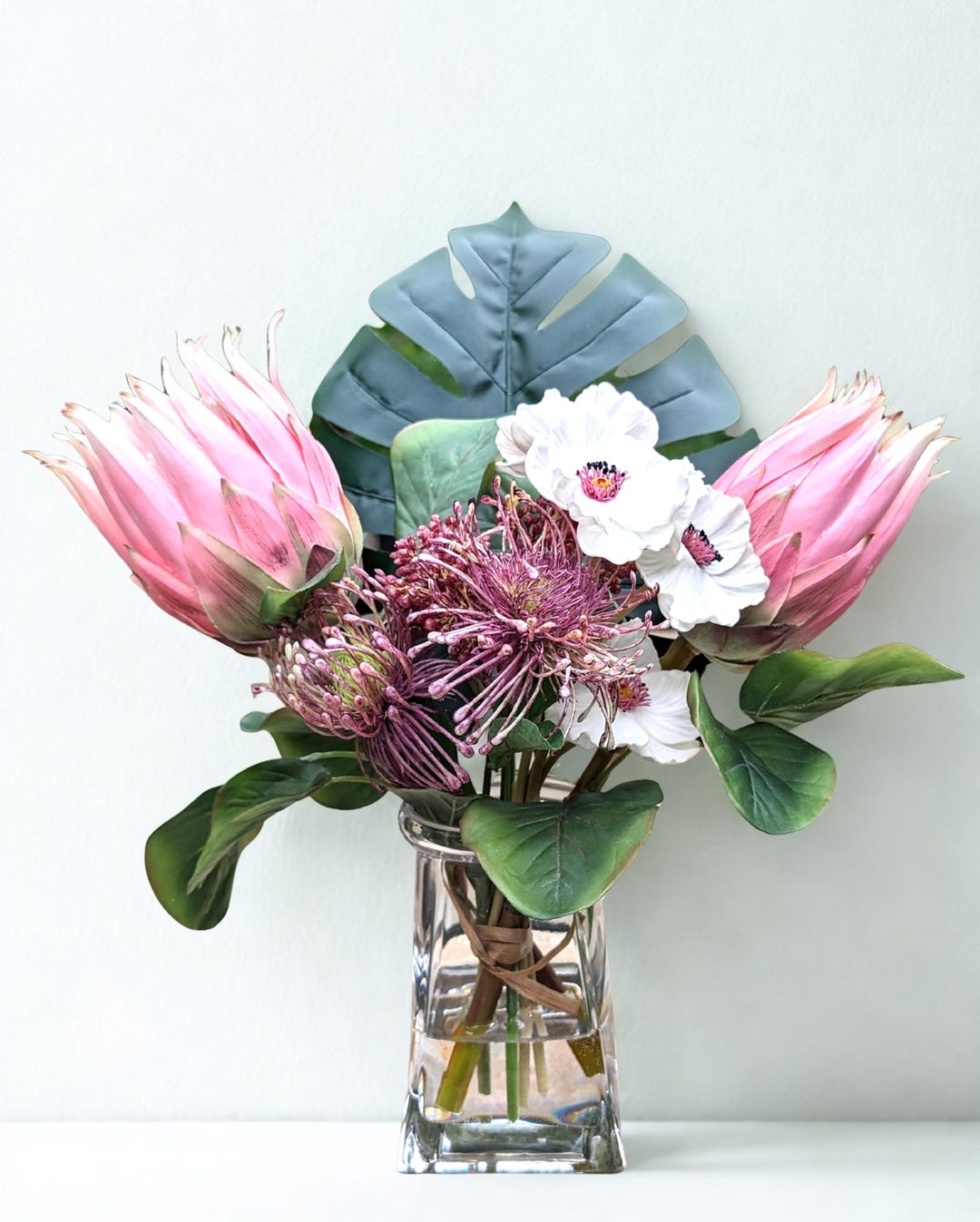 Protea Floral Arrangement in Faux Water Glass Vase, Protea Anemone ...