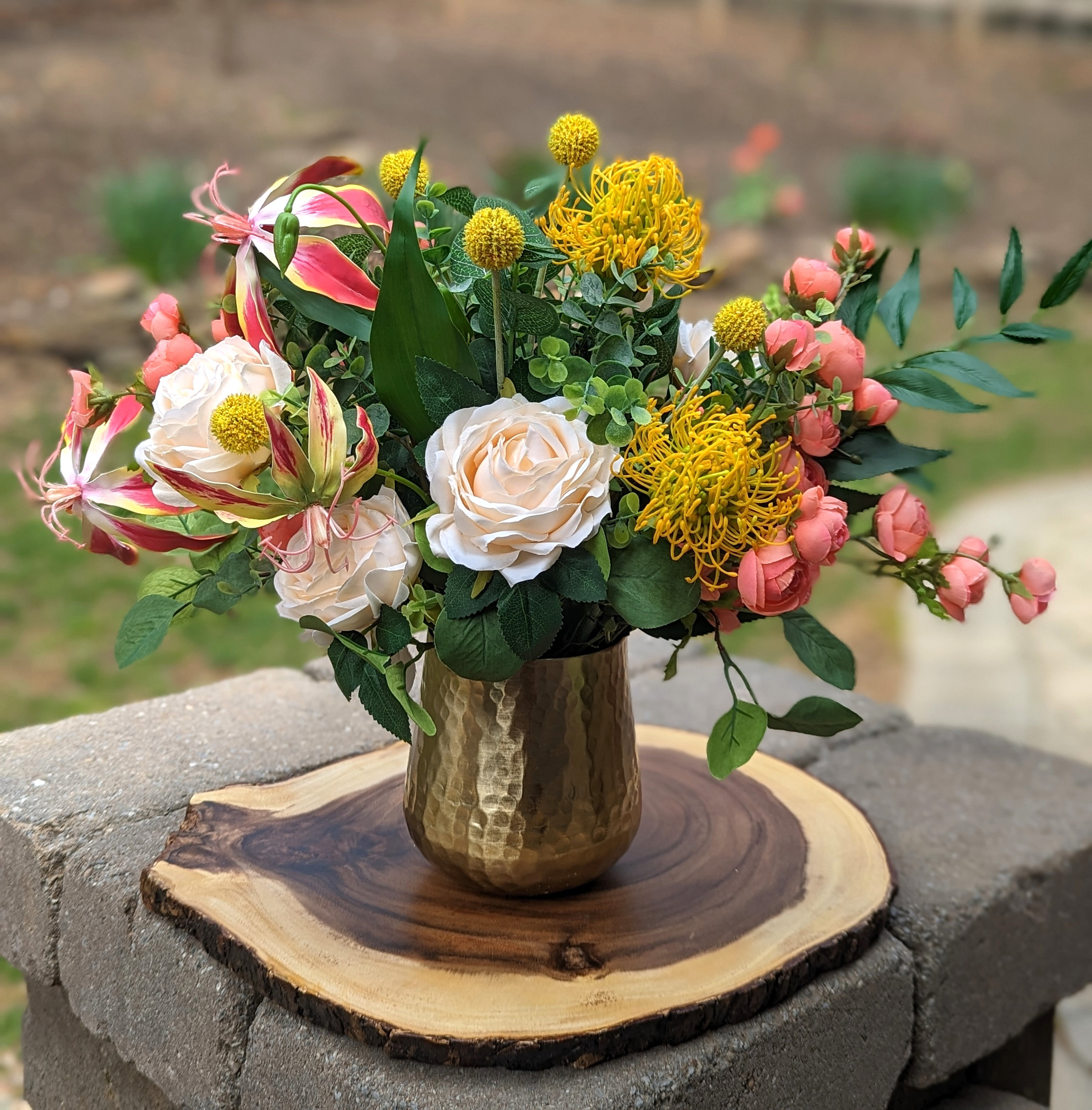 Pink Silk Flowers in Gold Pot 15, Vibrant Pink and Yellow Protea, Mixed ...