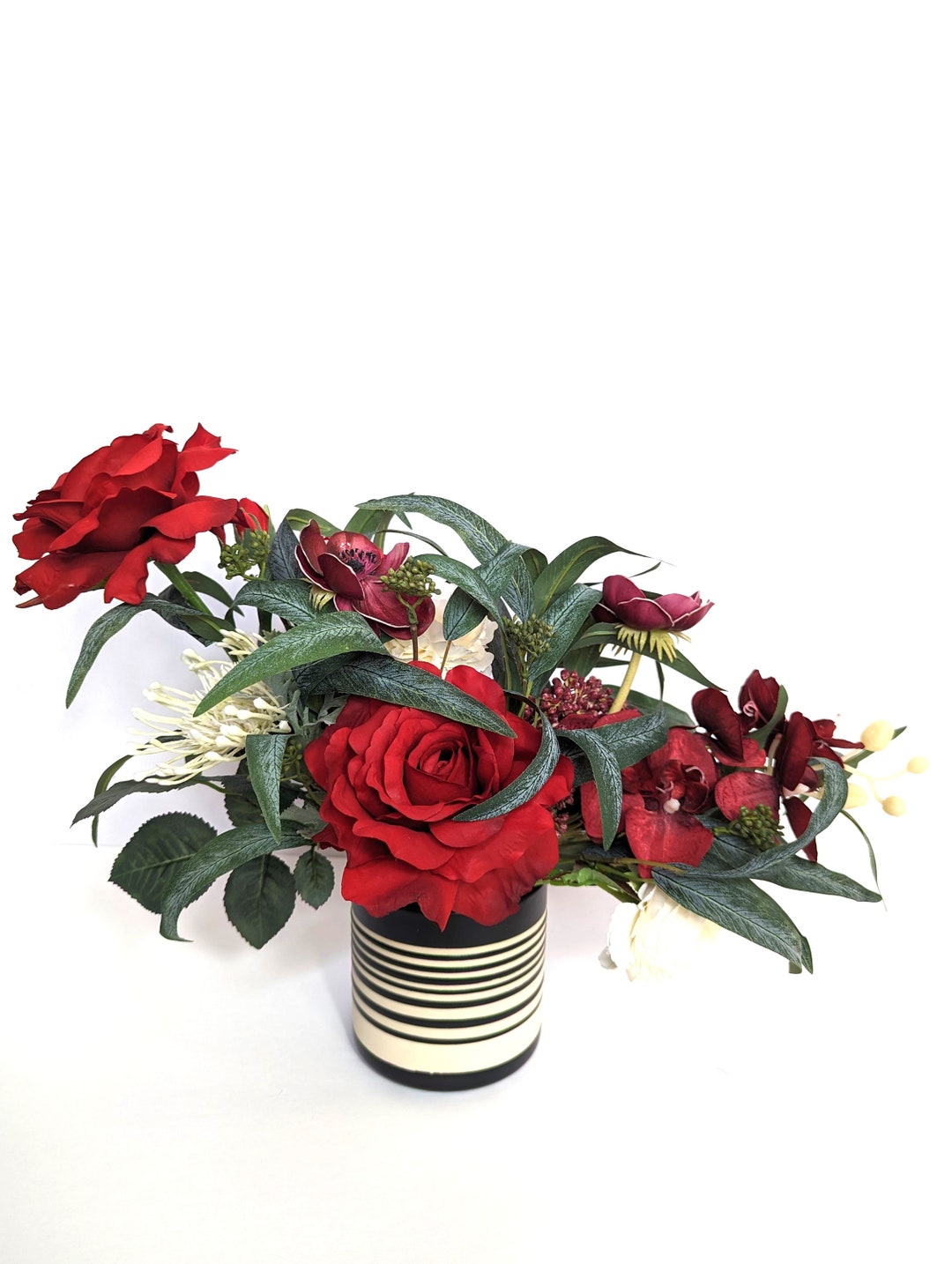 Red Rose Arrangement: Faux Silk Flowers in Ceramic Pot - Etsy
