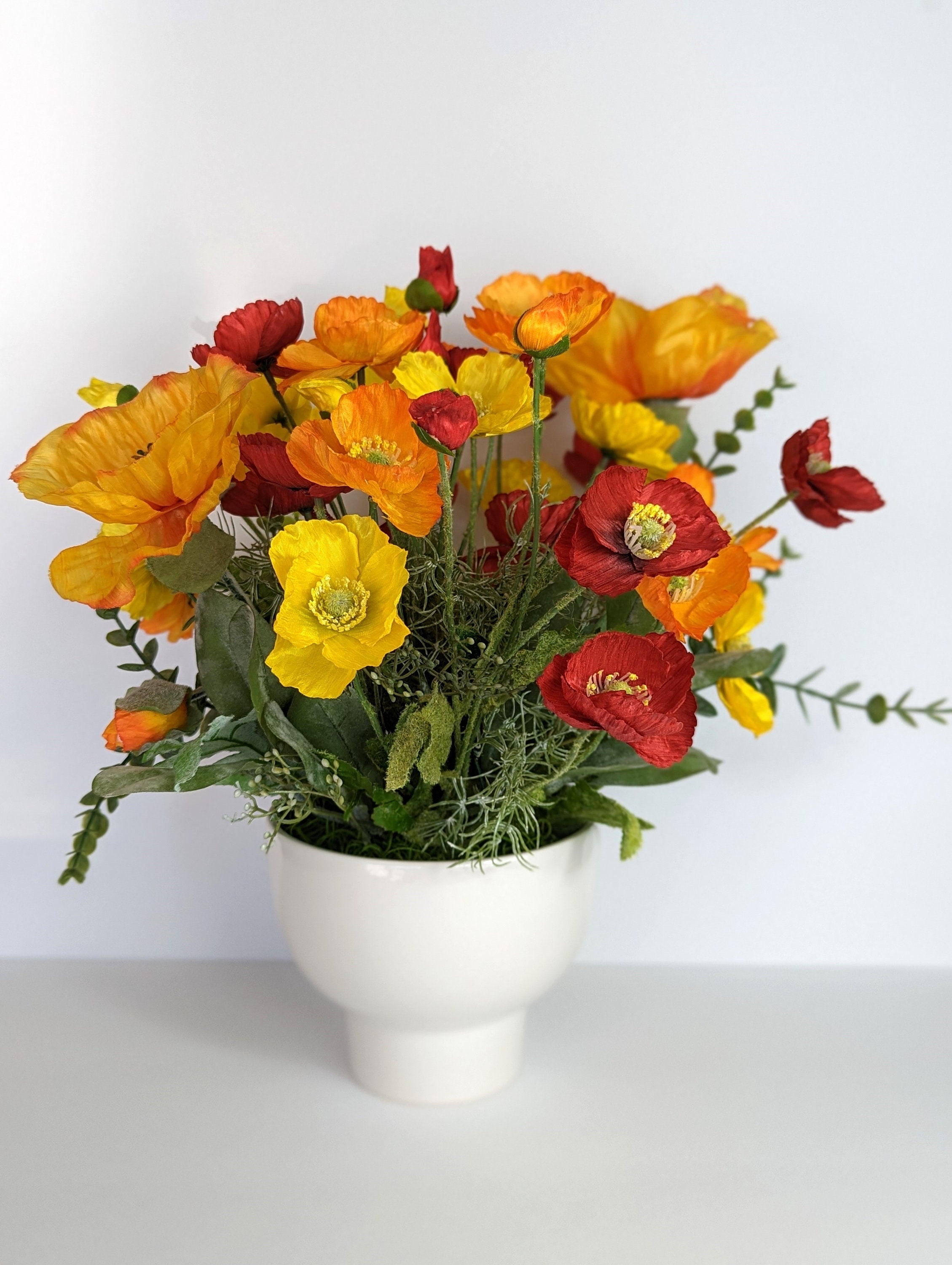 Poppy Silk Arrangement in Pot 16, Orange Red Poppy Stems, Lush Poppies ...