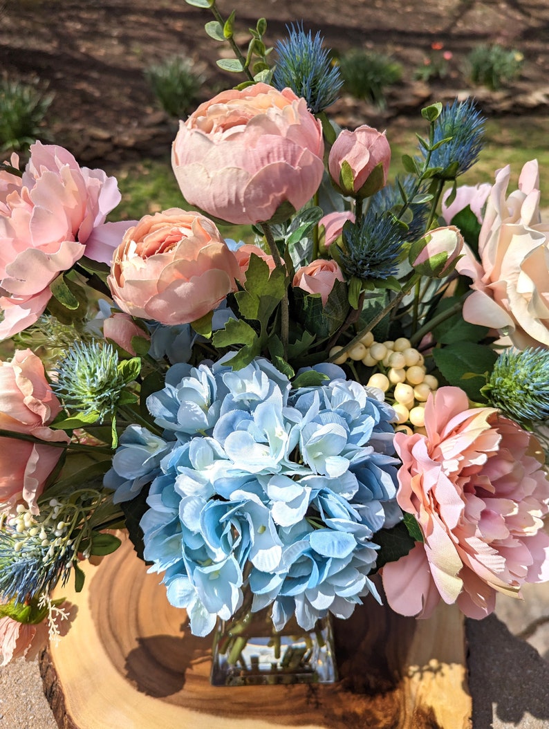 Blue Hydrangea Flower Arrangement Blue and Peach Peonies - Etsy