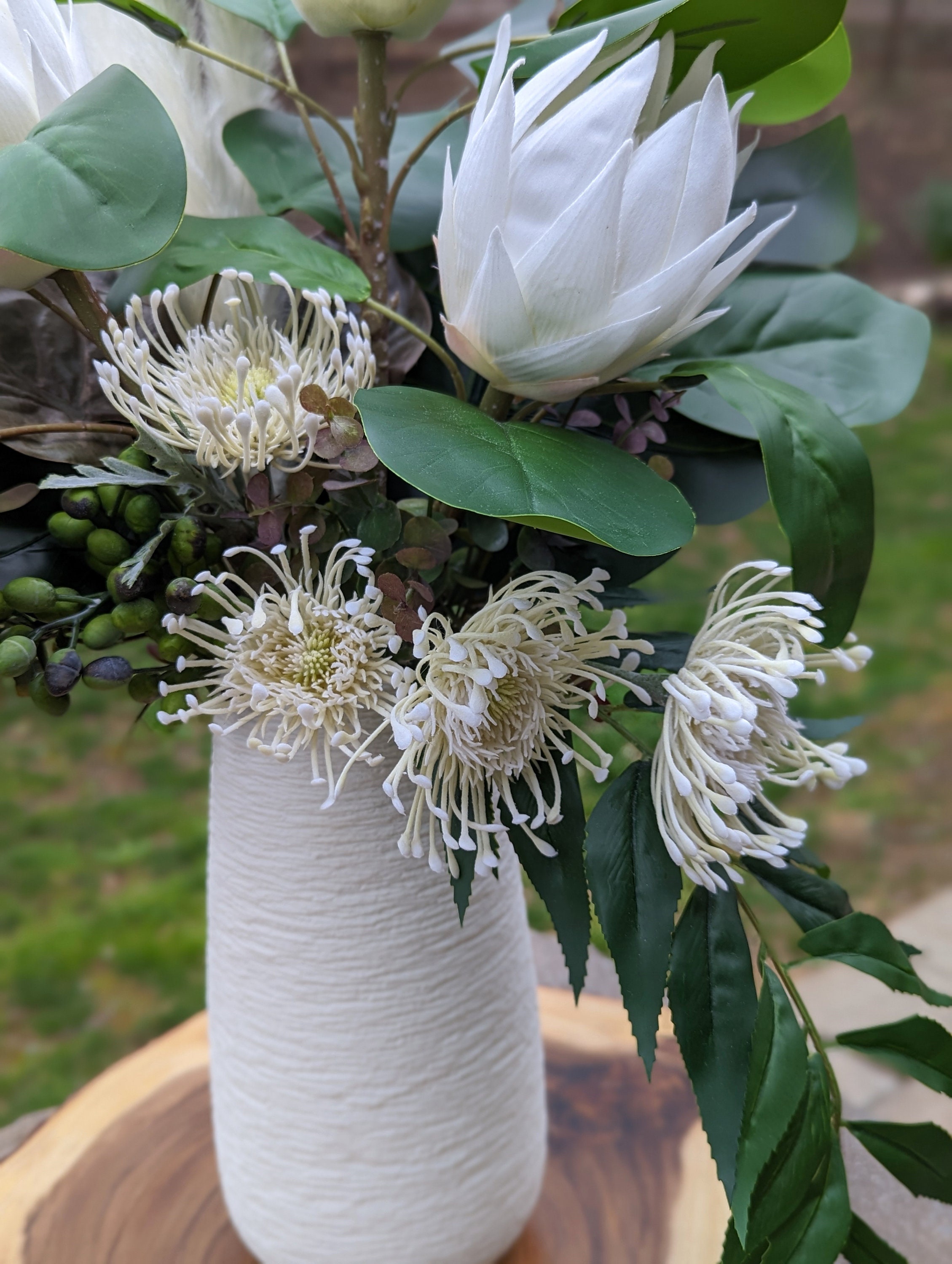 White Protea Arrangement in White Ceramic Vase 22, Protea Silk Flower ...