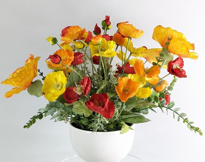 Poppy Silk Arrangement in Pot 16", Orange Red Poppy Stems, Lush Poppies ...