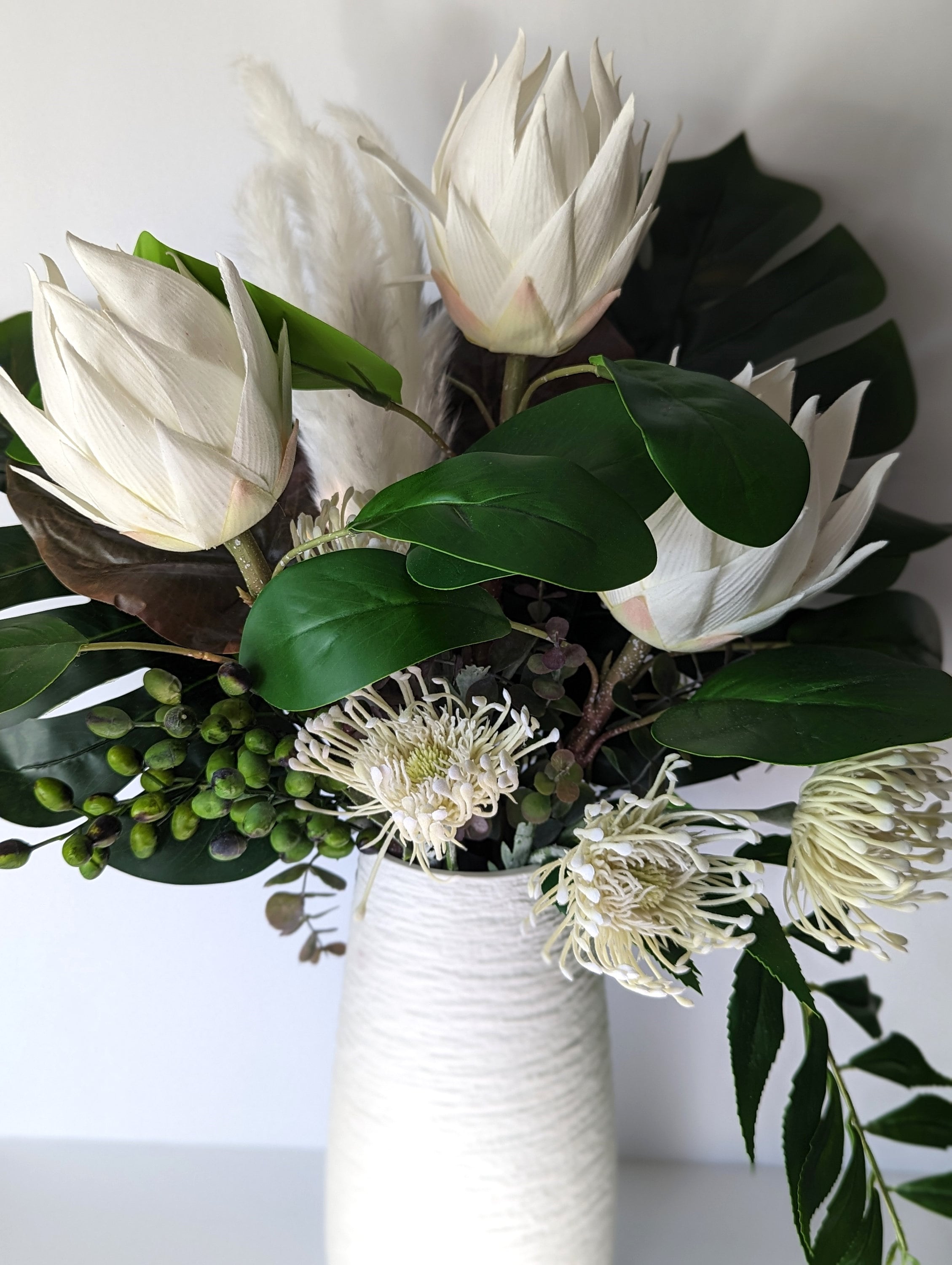 White Protea Arrangement in White Ceramic Vase 22, Protea Silk Flower ...